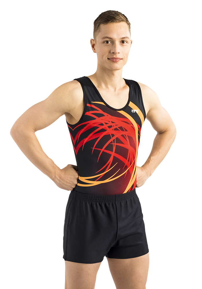 Feuriges Print-Turntrikot IAN/11 - rot-gelb-schwarz - Turn- und Sportbekleidung - individuell ...